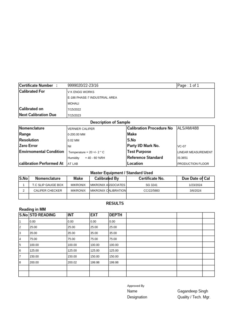 Vernier Caliper Calibration Certificate | PDF