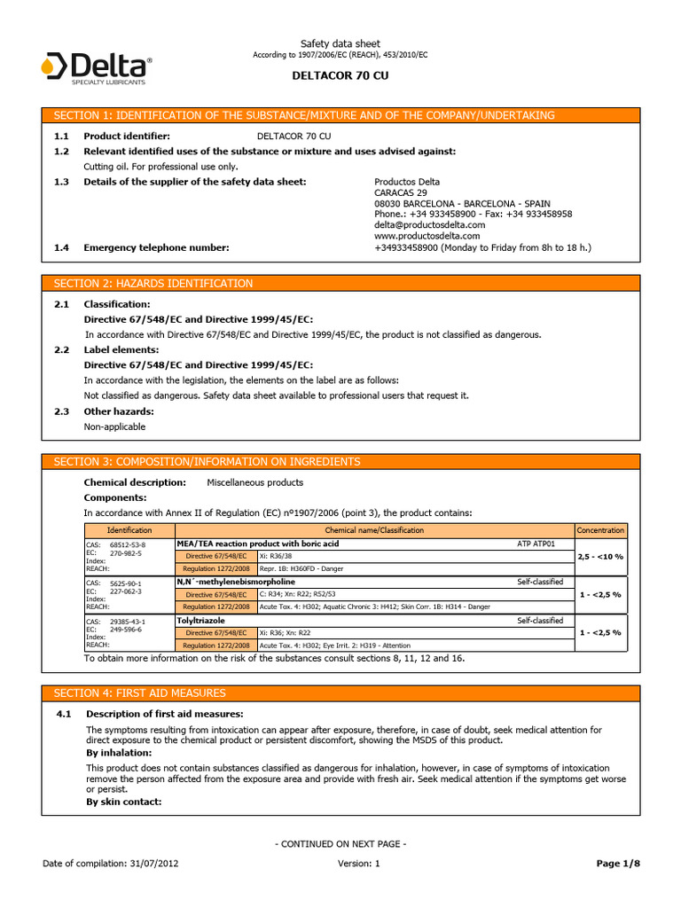 DELTACOR 70 CU Safety Data Sheet | PDF | Workplace | Working Conditions