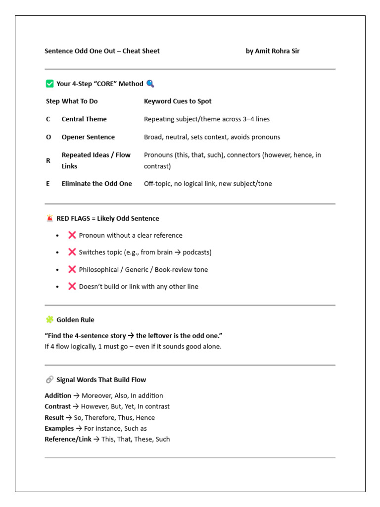 Sentence Odd One Out Cheat Sheet | PDF
