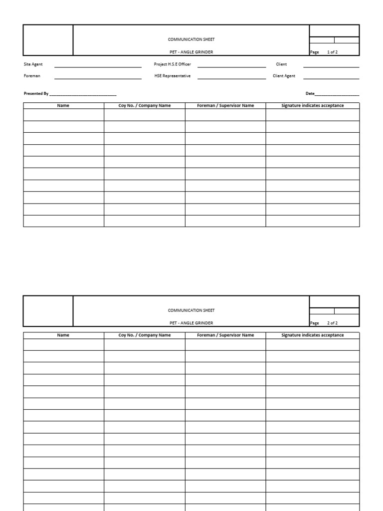 Communication Sheet for PET - Angle Grinder | PDF