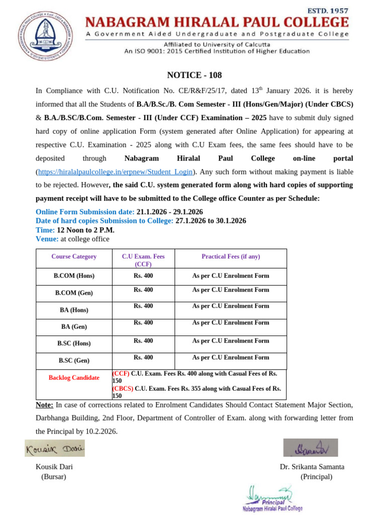 NOTICE - 108: Online Form Submission Date: Date of Hard Copies ...