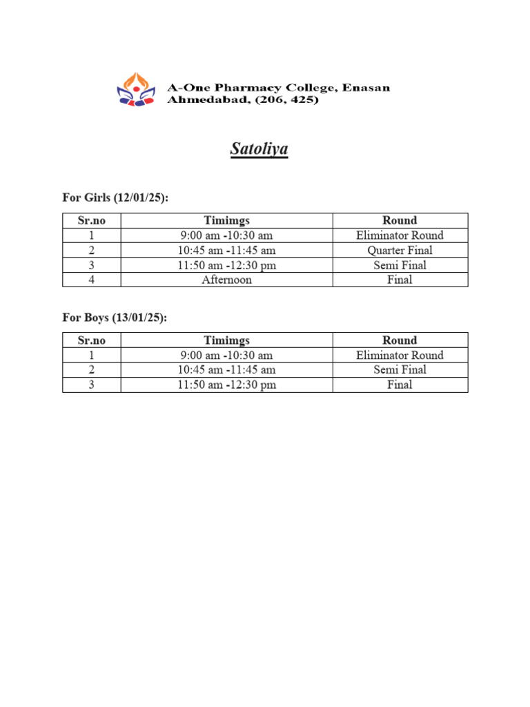 Satoliya Tournament Schedule 2025 | PDF