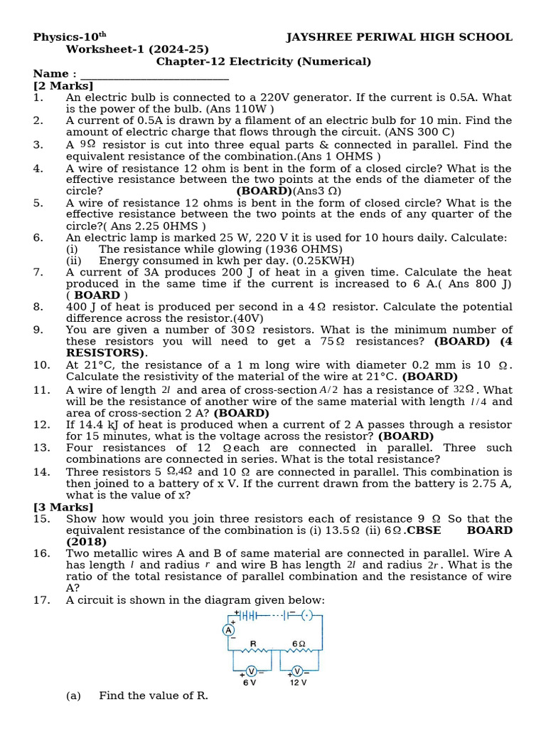 Electricity Worksheet for 10th Grade | PDF | Series And Parallel ...