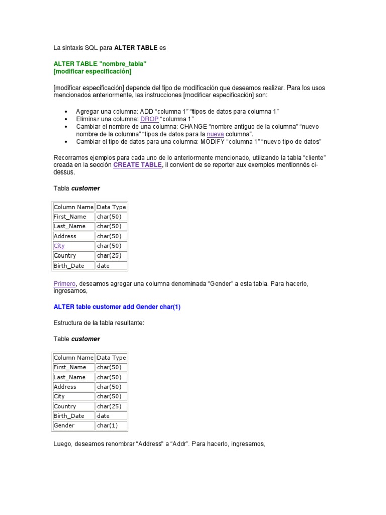 La Sintaxis SQL Para Alter | Tabla (base de datos) | SQL
