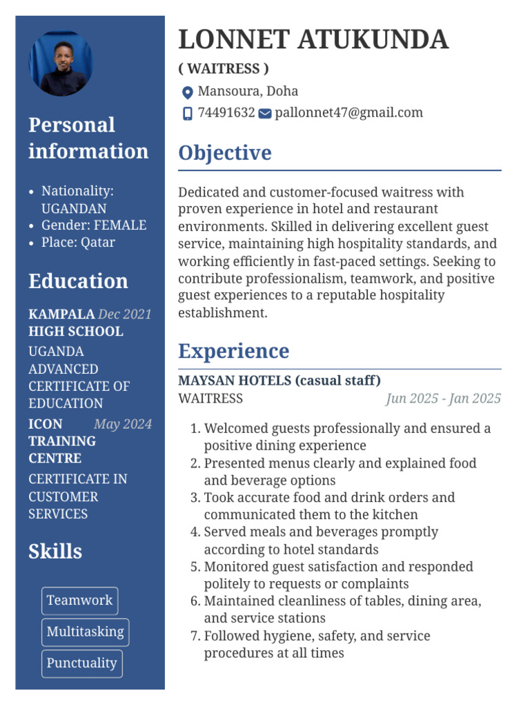 Lonnet Atukunda Waitress Resume | PDF | Waiting Staff | Restaurants