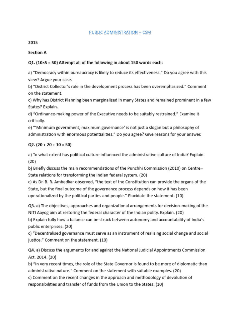 Public Administration Exam Questions 2015-2016 | PDF | Governance | Policy