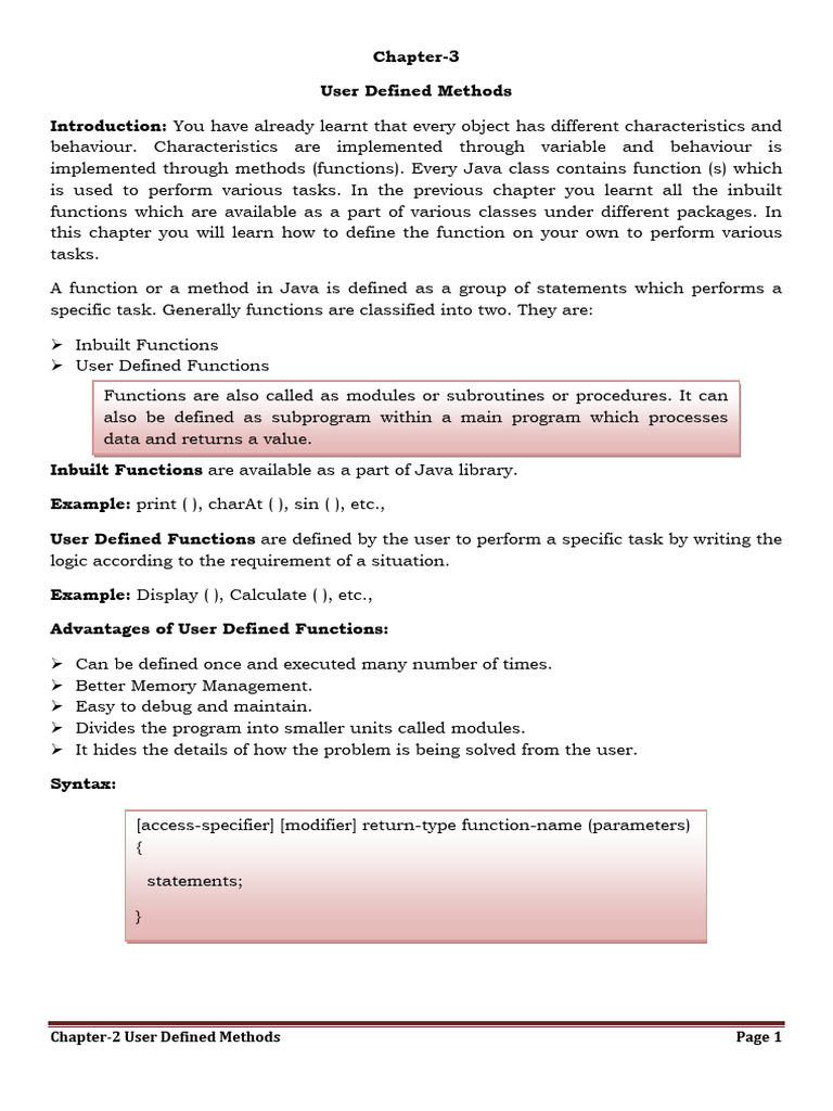 User Defined Methods in Java | PDF | Parameter (Computer Programming ...