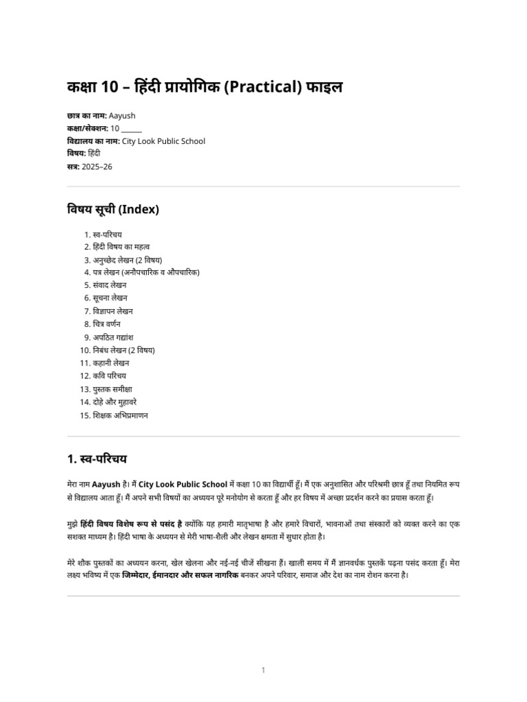Class 10 Hindi Practical File | PDF