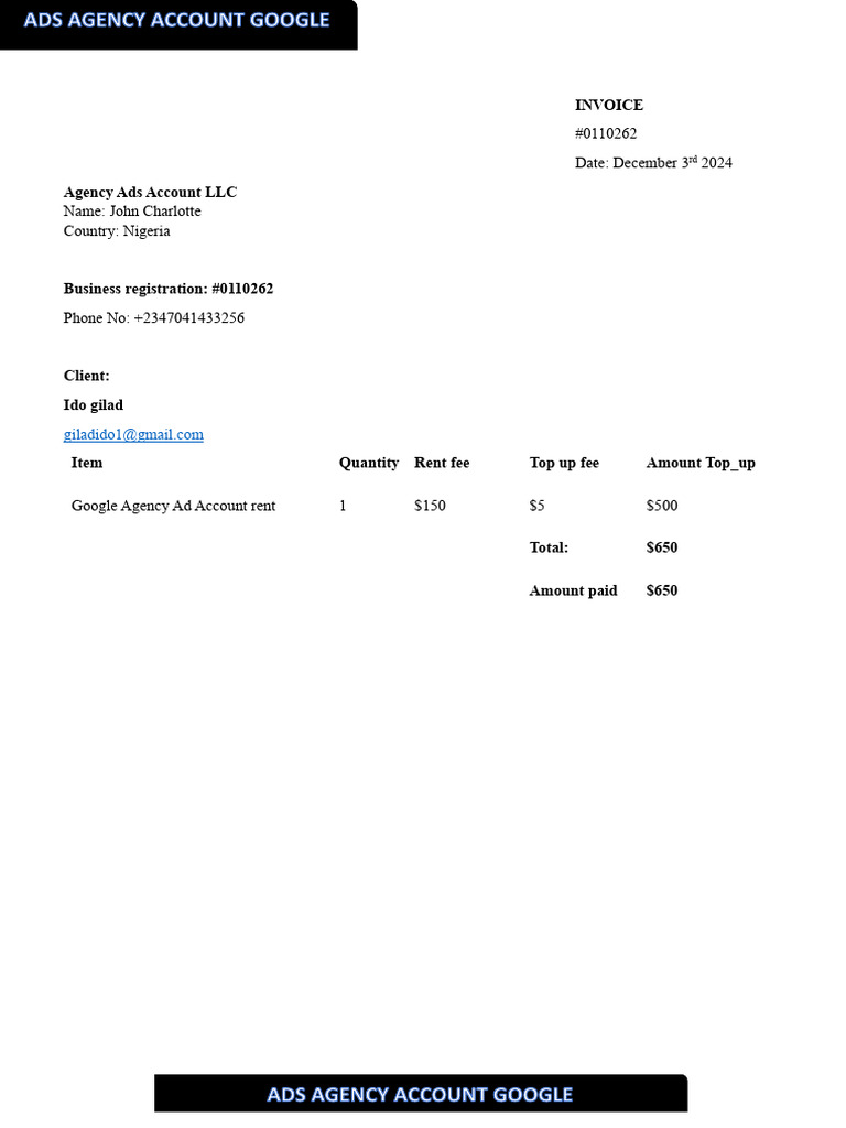 Invoice #0110262 for Google Ads Rent | PDF