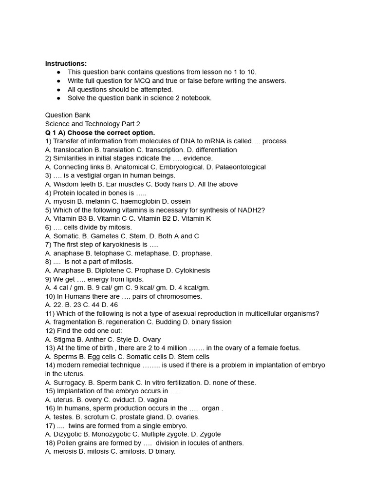 Science Question Bank: Lessons 1-10 | PDF | Mitosis | Fertilisation