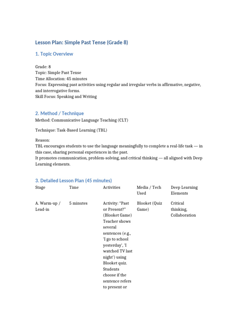 Grade 8 Simple Past Tense Lesson Plan | PDF | Grammatical Tense ...