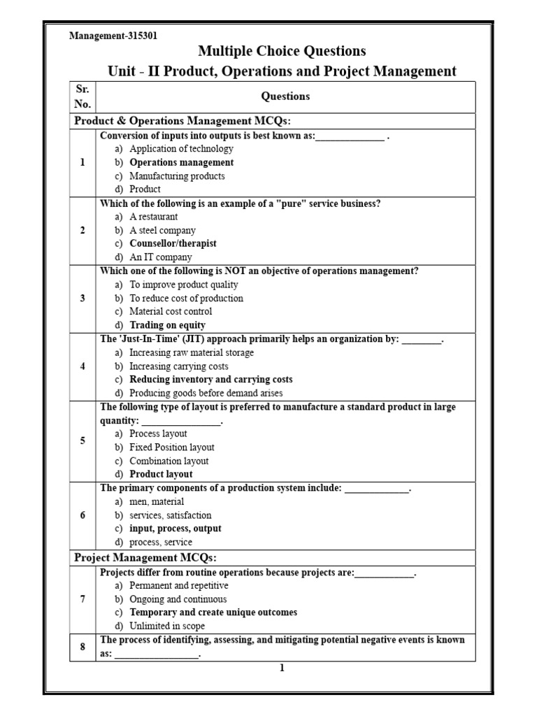 Product and Operations Management MCQs | PDF | Agile Software ...