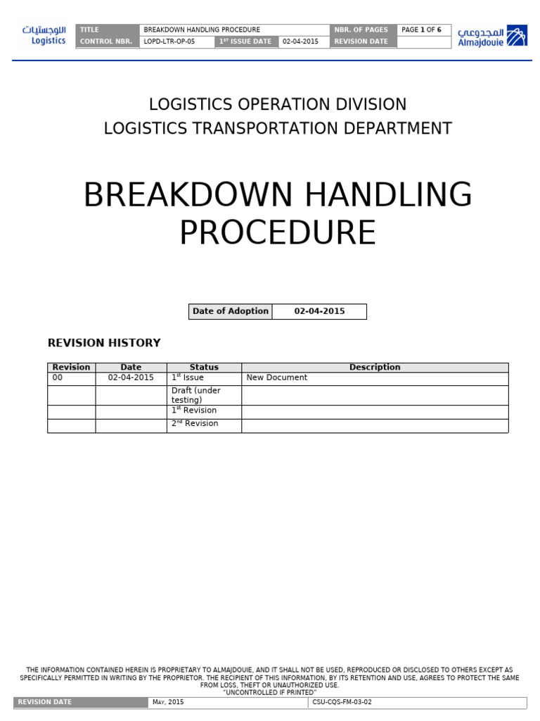 Lopd Ltr Op 05 Breakdown Handling Procedure | PDF