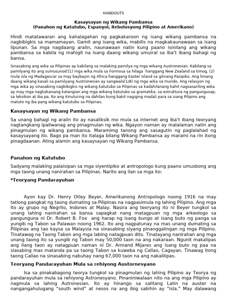 Handouts With Question Sa Kasaysaysayan Ng Wikang Pambansa Konsepto ...