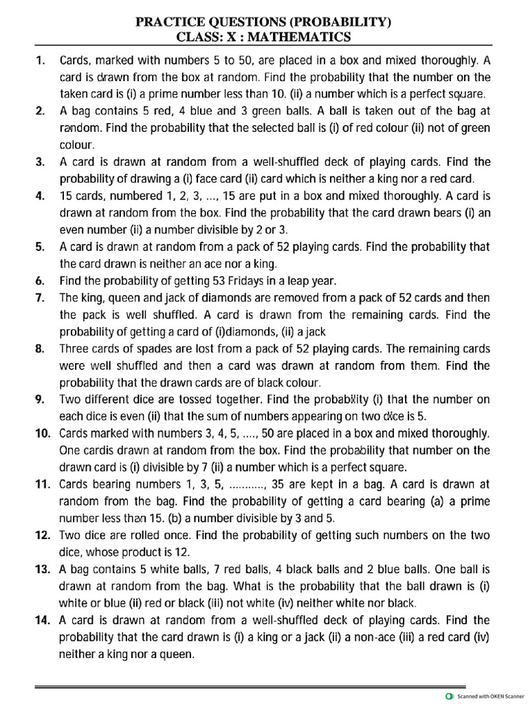 Practice Questions Probability Class x Set 02 | PDF