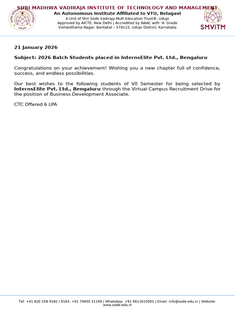 2026 Batch Student Placements at SMVITM | PDF | Higher Education