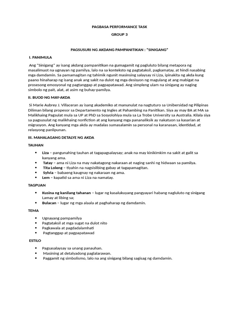 Pagbasa Performance Task | PDF
