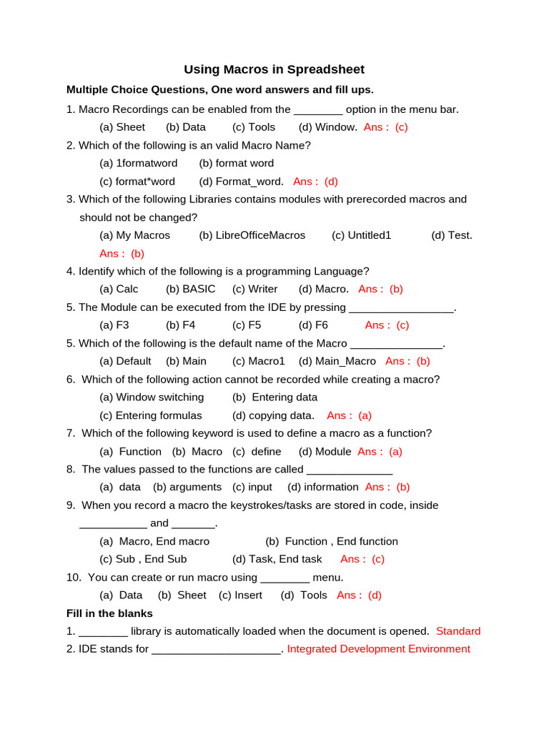 Mastering Spreadsheet Macros Quiz | PDF | Macro (Computer Science ...