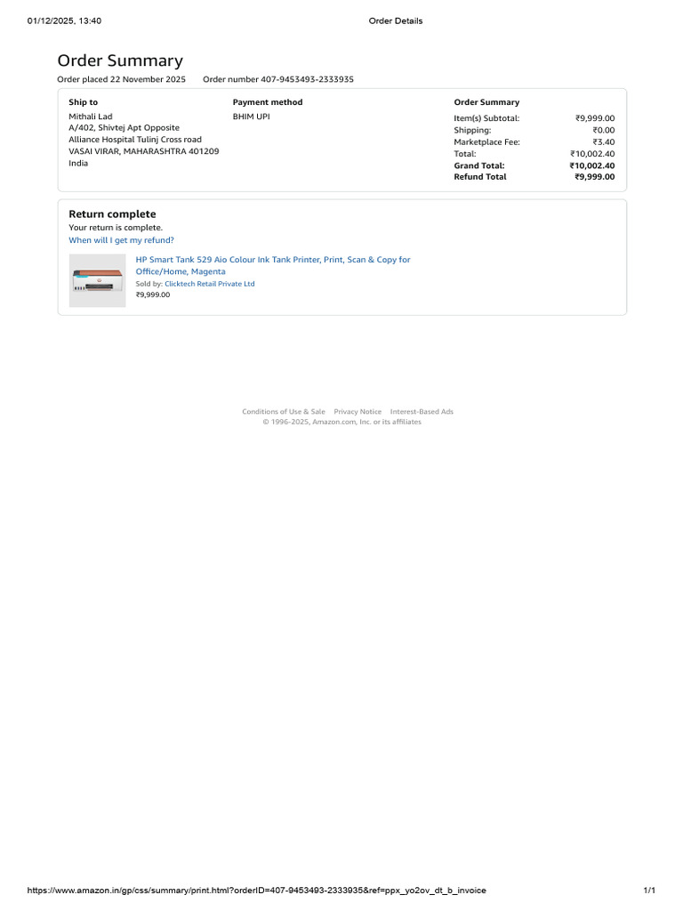 Amazon Order Summary and Refund Details | PDF