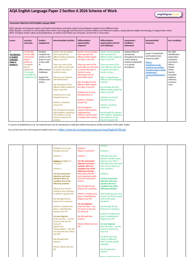 AQA English Language Paper 2 2026 Section a Scheme of Work Document ...
