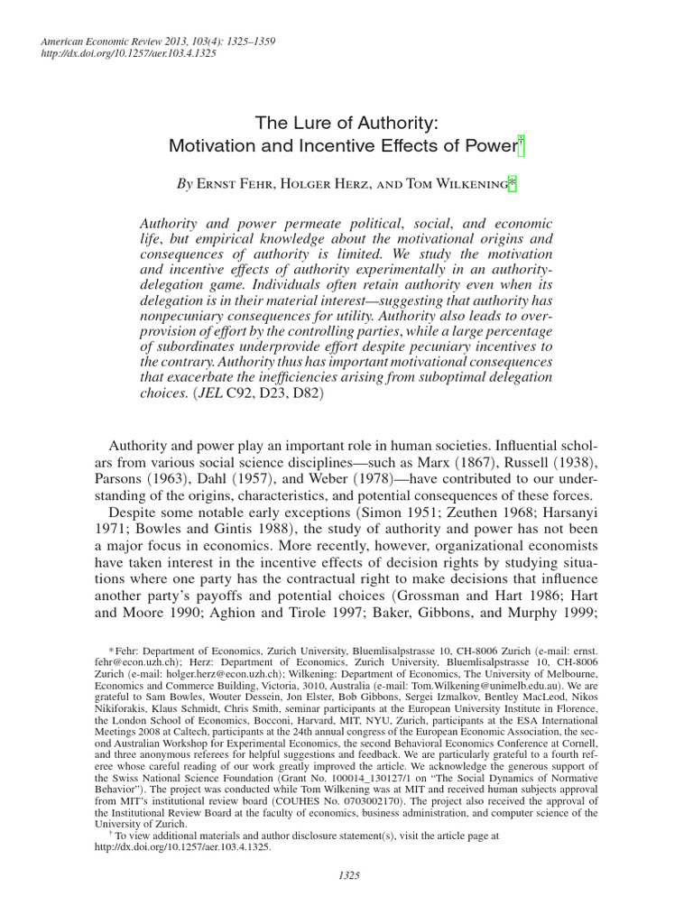 Lure of Authority-Fehr | PDF | Risk Aversion | Utility