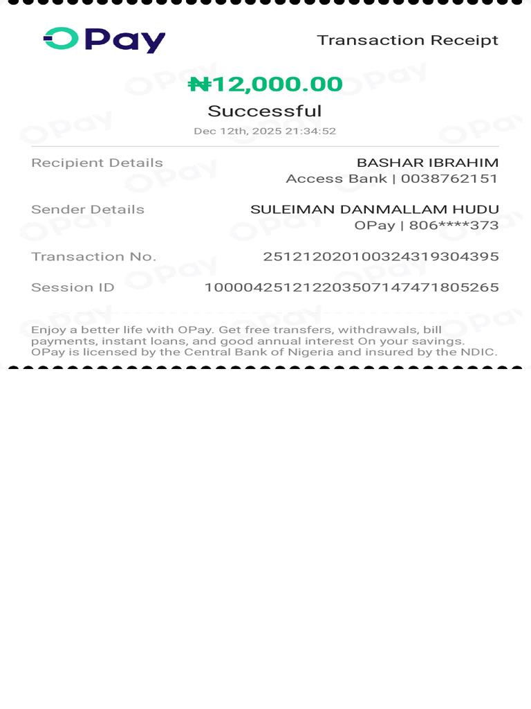 Transaction Receipt for OPay Transfer | PDF