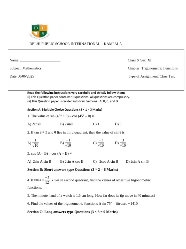Trigonometric Functions Class Test XI | PDF | Trigonometric Functions ...