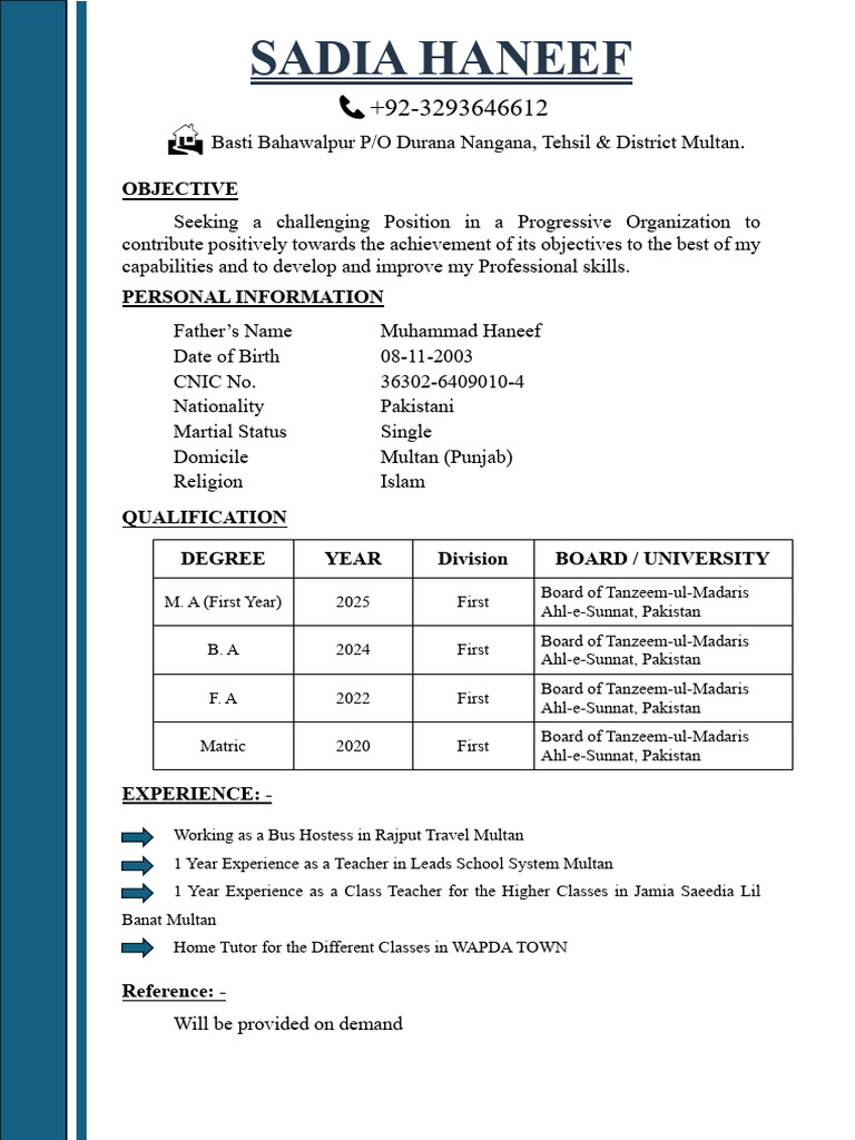 Professional Resume of Sadia Haneef | PDF