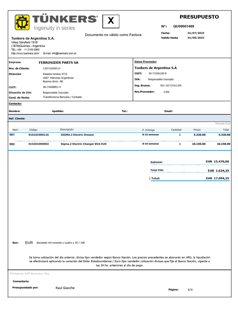 Presupuesto Tunkers: EUR 17,094.35 | PDF | Finanzas internacionales ...