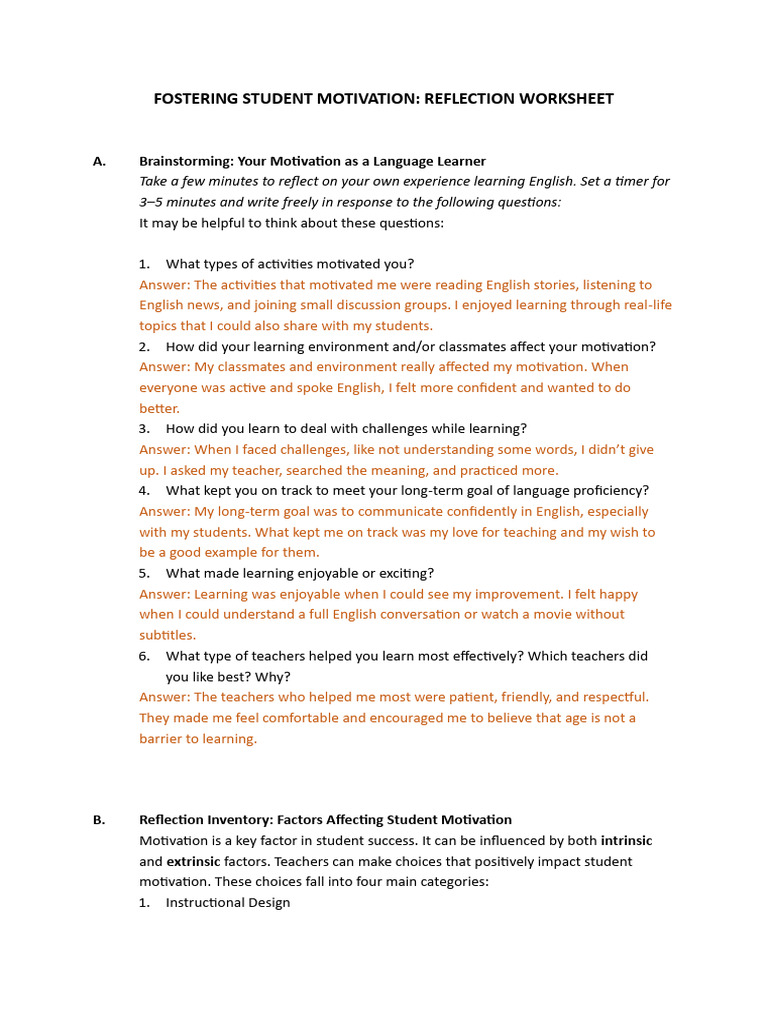 Enung Nuryani - Reflection Worksheet - Fostering Student Motivation ...