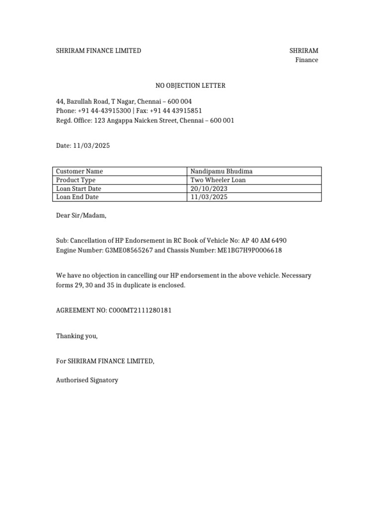 Shriram Finance NOC Aligned Table | PDF