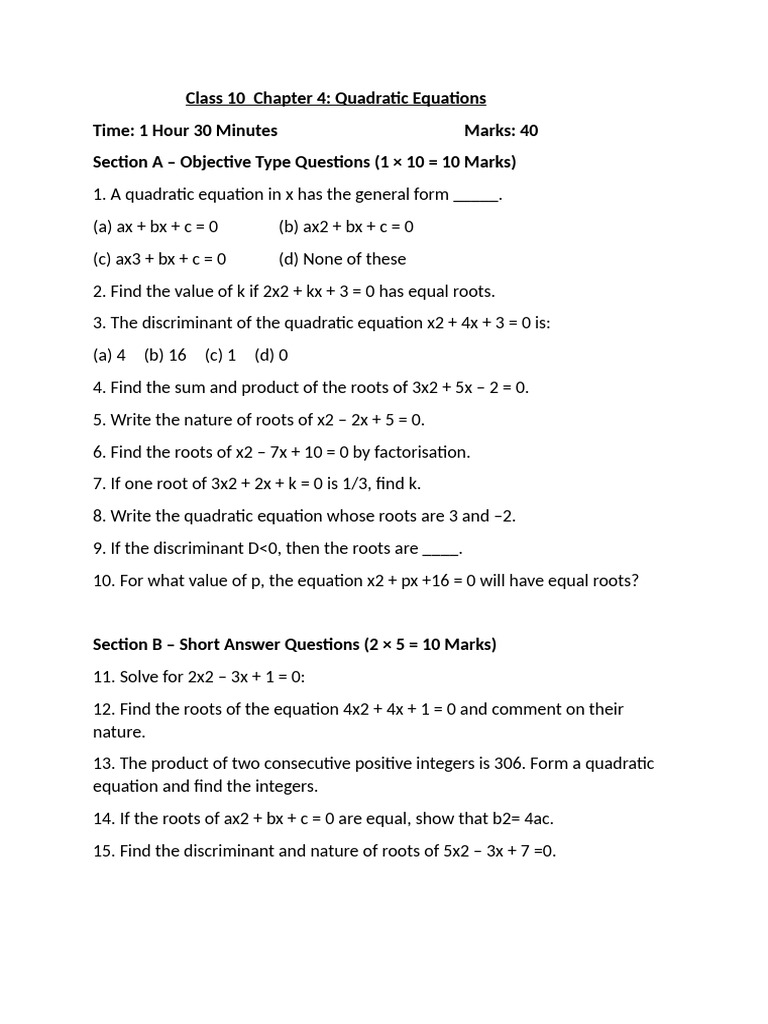 Class 10 Quadratic Equations Guide | PDF