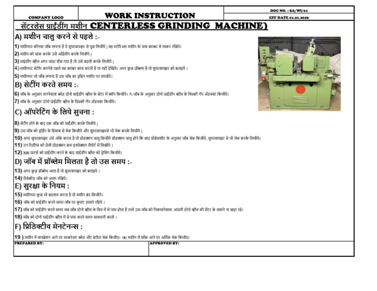 Work Instruction For Centerless Grinding Machine | PDF