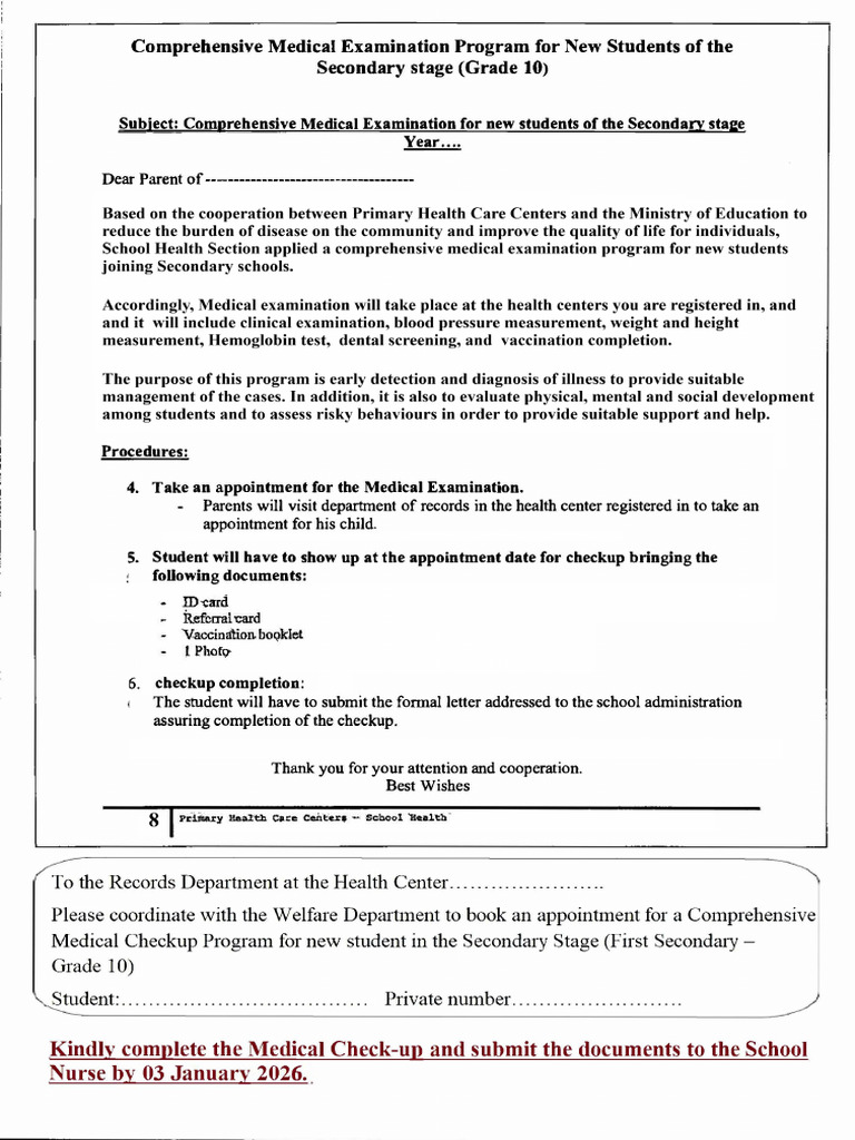 Health Check-up for Senior 4 Students | PDF