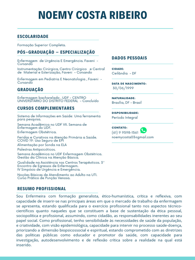 Currículo A4 Noemy Costa | PDF | Enfermagem | Sistema de saúde