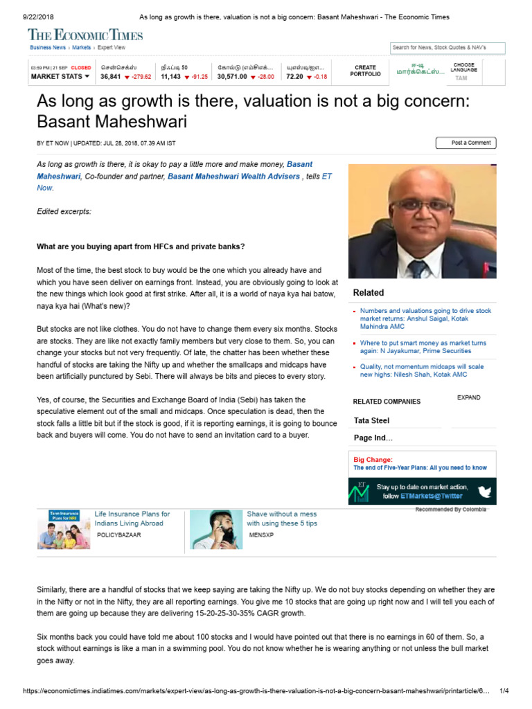 As Long as Growth is There, Valuation is Not a Big Concern_ Basant ...