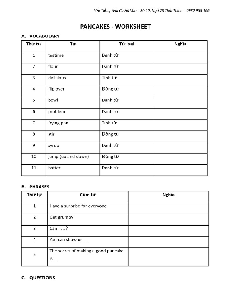 Pancakes - Worksheet: A. Vocabulary | PDF