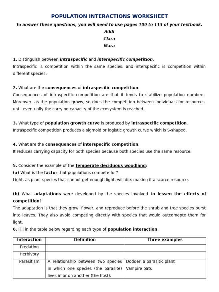 Population Interactions Worksheet Handout. Mara Addi Clara | PDF ...