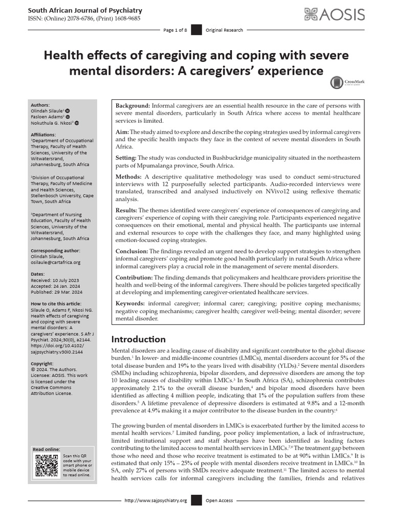 Health effects of caregiving and coping with severe mental disorders: A ...