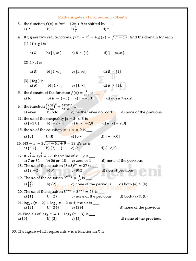 Math - Algebra - Final Revision - Sheet 2 (1) (1) Finished | PDF ...