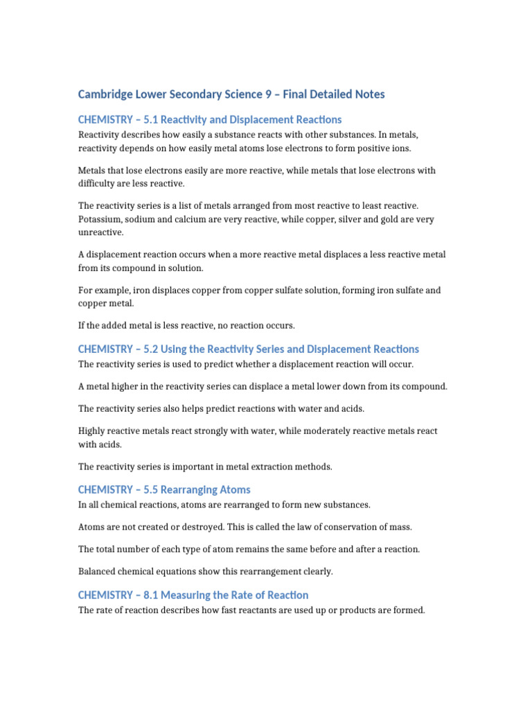 Cambridge Science Notes: Reactivity & Reactions | PDF | Chemical ...