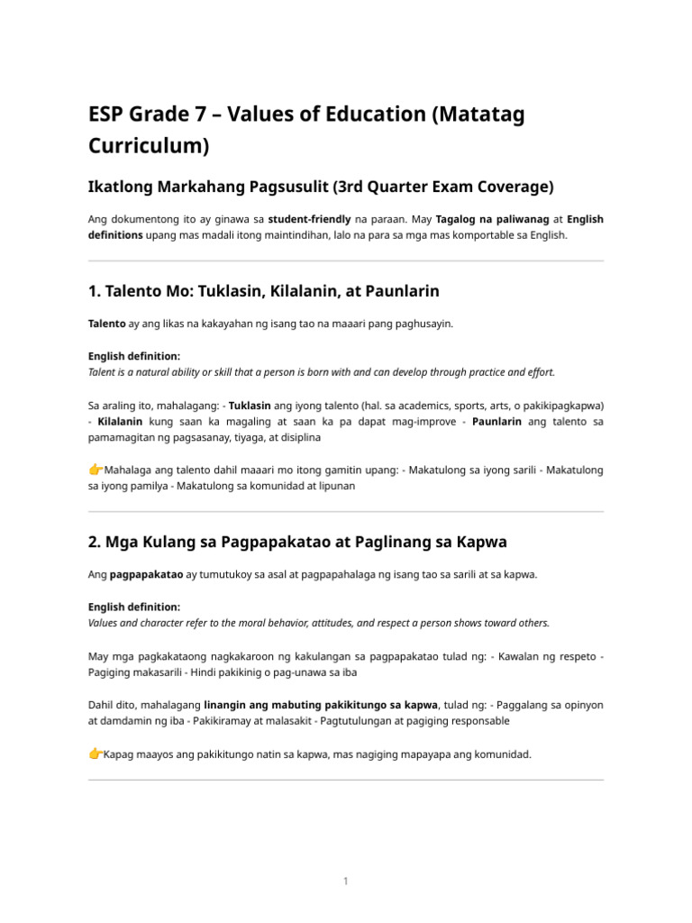 Esp Grade 7 - Values of Education (Matatag Curriculum) | PDF