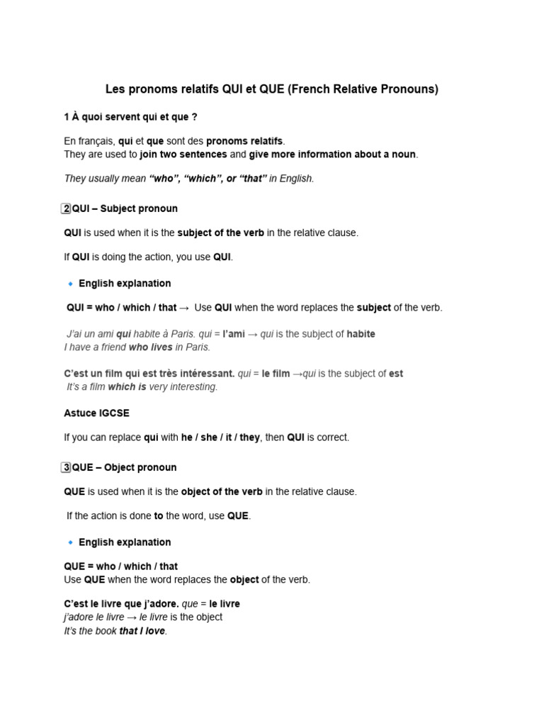 French Relative Pronouns: QUI vs QUE | PDF