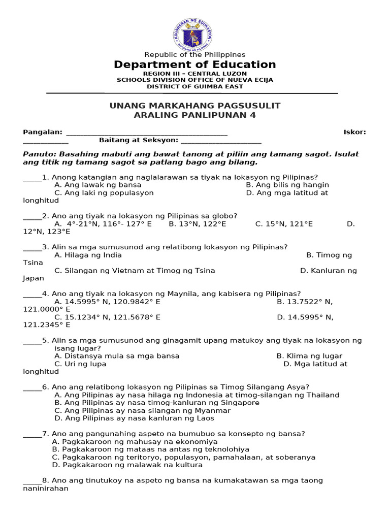 AP 4 Unang Markahang Pagsusulit | PDF