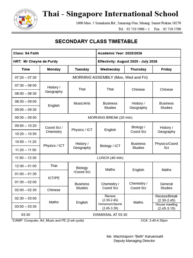 S4 Secondary Class Timetable 2025-2026 | PDF