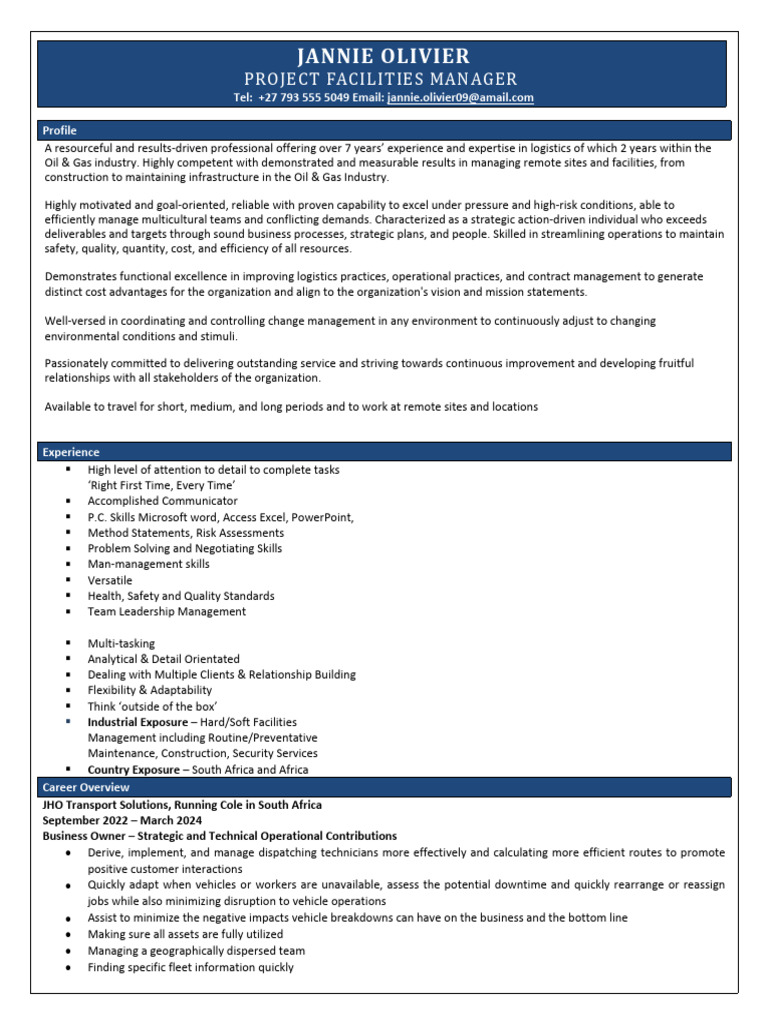 Jannie Olivier - Updated CV.pdf | PDF | Performance Appraisal | Waste ...