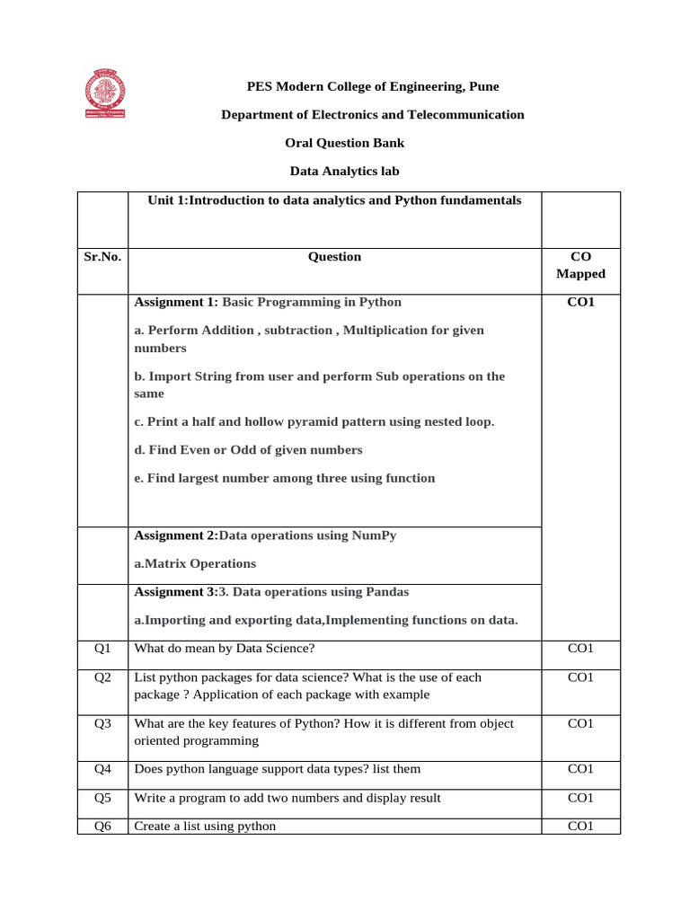 Data Analytics Lab Question Bank | PDF | Statistical Analysis ...