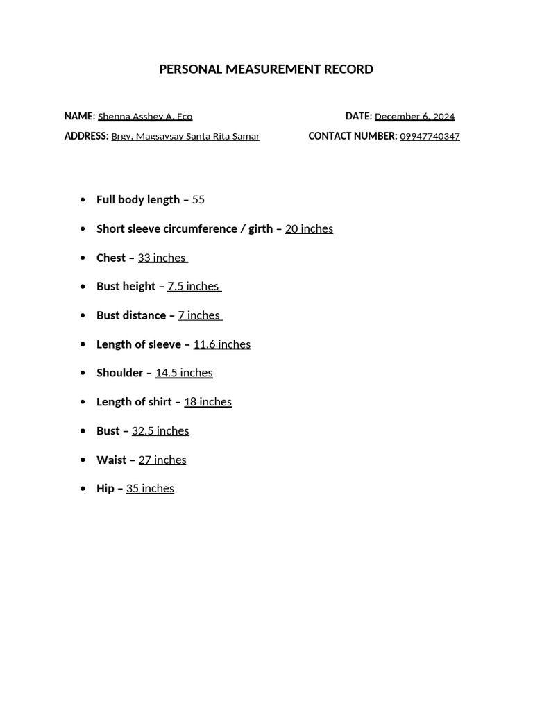 Personal Measurement Record for Shenna Eco | PDF