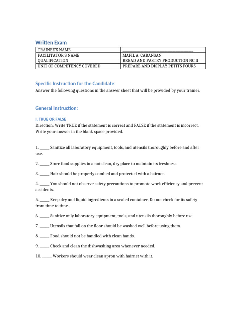 Written Exam Prepare and Display Petits Fours | PDF | Kitchen Utensil ...