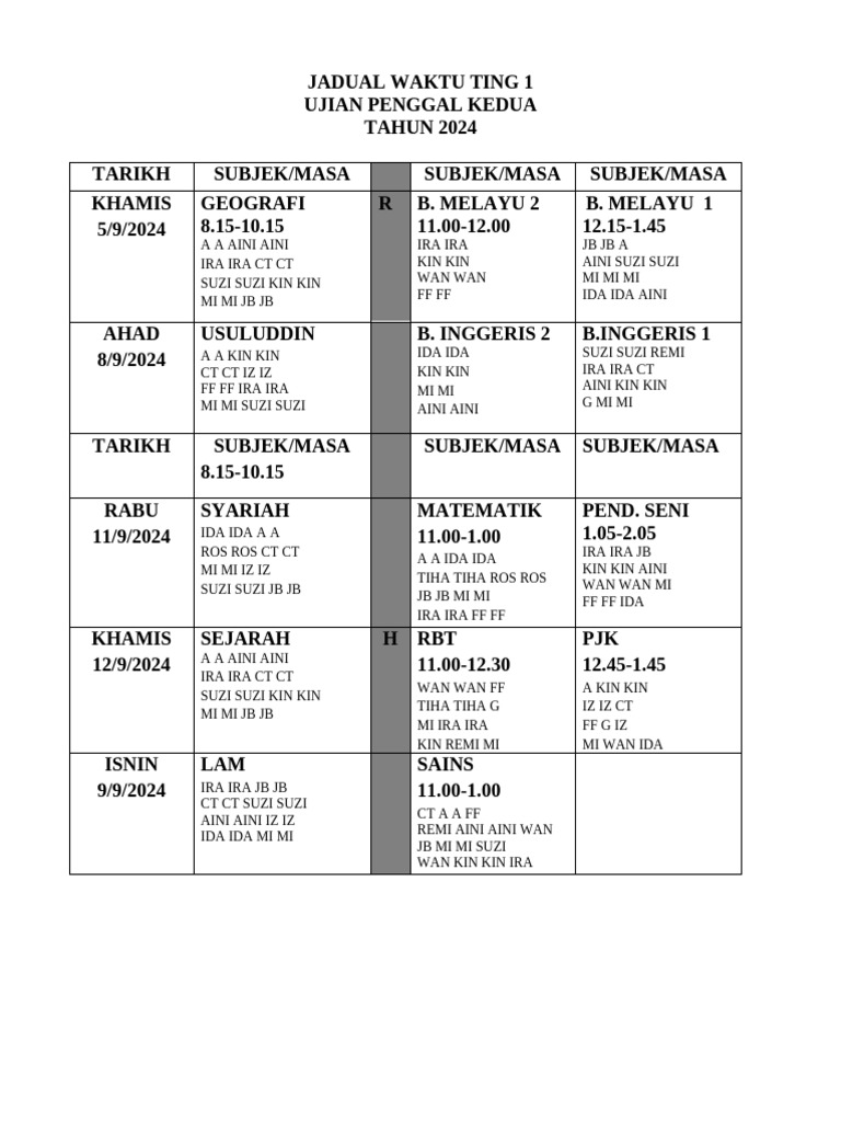 Jadual Waktu Penggal Kedua Ting 1 2024 | PDF